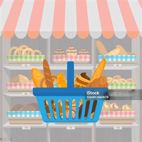 쇼핑 바구니에 베이커리 제품 배너 밀 호밀 및 통곡물 빵 프레첼과 베이글 시아바타와 머핀 크루아상과 프렌치 바게트 롱 로프와 토스트 벡터 그림입니다 0명에 대한 스톡 벡터