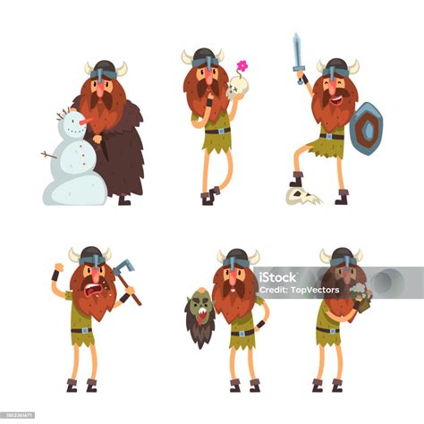 헬멧을 쓴 중세 전사로 재미있는 바이킹 캐릭터가 다른 활동 벡터 세트에 참여 개념에 대한 스톡 벡터 아트 및 기타 이미지