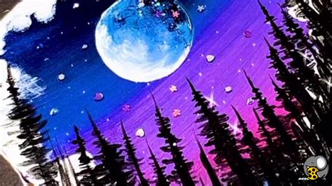 نقاشی زیبا ماه با رنگ و آبرنگ و گواش قلمو طراحی ترکیب رنگ ها زیبا فیلو