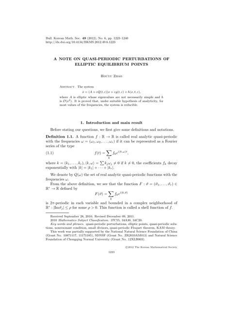 Pdf A Note On Quasi Periodic Perturbations Of Elliptic Equilibrium Points