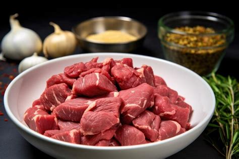 Premium Ai Image Raw Steak Tips In A Bowl With Freshly Minced Garlic