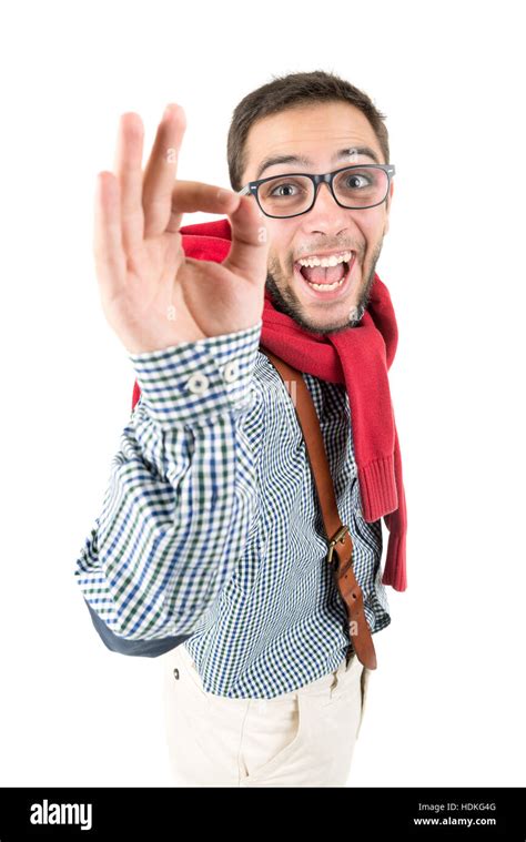 Happy Nerd Posing Isolated In A White Background Stock Photo Alamy