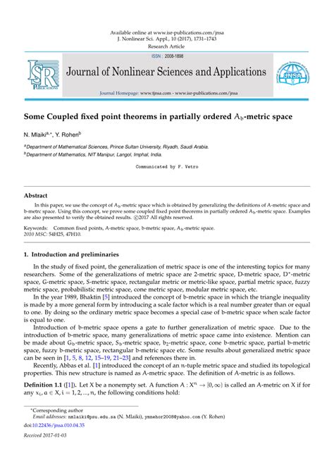 Pdf Some Coupled Fixed Point Theorems In Partially Ordered Ab Metric Space