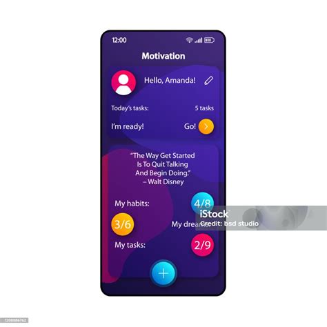 동기 부여 팁 스마트 폰 인터페이스 벡터 템플릿 모바일 앱 페이지 색상 디자인 레이아웃입니다 꿈 화면을 달성하기위한 따옴표 응용