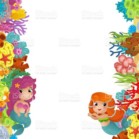 산호초 인어 공주와 행복한 물고기들이 아이들을 위한 고립된 그림 근처에서 수영하는 만화 장면 0명에 대한 스톡 벡터 아트 및