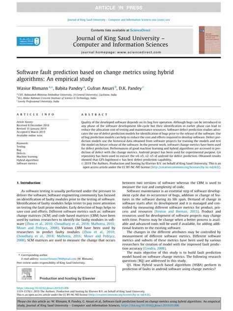 PDF Software Fault Prediction Based On Change Metrics Using Hybrid Algorithms An Empirical Study