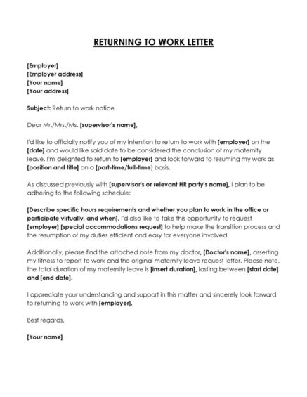 15 Return To Work Letters Samples Templates