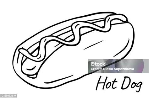 핫도그 샌드위치 스케치 낙서 겨자 소시지와 벡터 윤곽선 그림 포스터 전단지 카드 메뉴 배너 색칠 공부에 대한 손 그리기 레스토랑 비즈니스 개념 길거리 음식 패스트푸드 개념에
