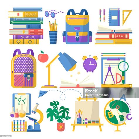 학교 용품의 컬렉션 책 노트북 펜 배낭 통치자 책 지구 램프 화학 세트 브러시 및 페인트 문구가 있는 학교 배경으로 다시 벡터 사무실 액세서리 가방에 대한 스톡 벡터 아트