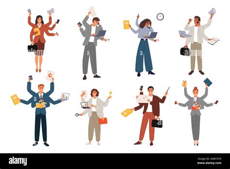 Multitasking Characters Men And Women With Lots Of Hands Executive People Performing Several