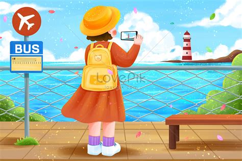여행하고 사진을 찍는 소녀의 그림 일러스트 무료 다운로드 Lovepik