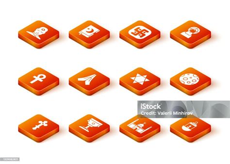 기독교 십자가 성배 십자가 앙크 기도 위치에 손 이슬람 모스크 다윗의 스타 라마단 카림 랜턴과 달 아이콘을 설정합니다 벡터 3차원 형태에 대한 스톡 벡터 아트 및 기타