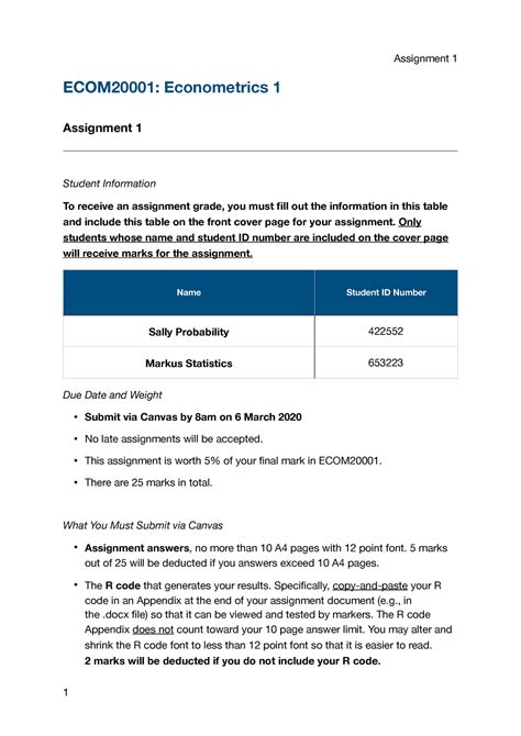 Assignment 1 Instructions Ecom20001 Econometrics 1 Assignment 1