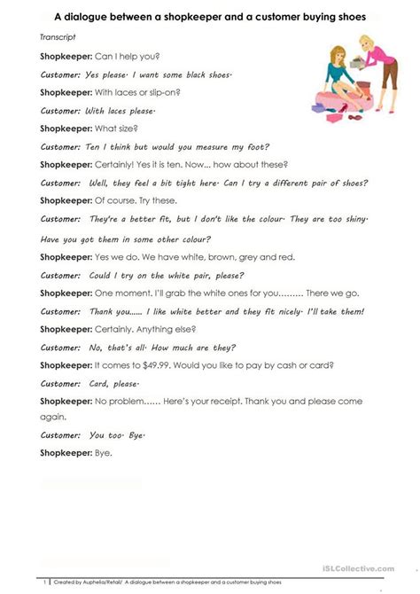 a dialogue between a shopkeeper and a customer buying shoes worksheet free esl printable