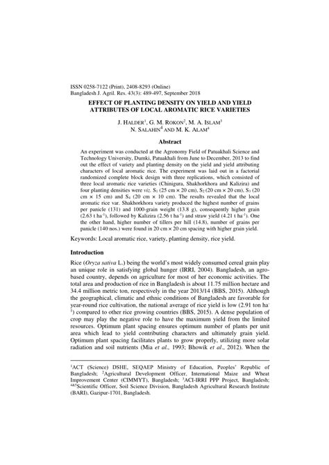 Pdf Effect Of Planting Density On Yield And Yield Attributes Of Local Aromatic Rice Varieties