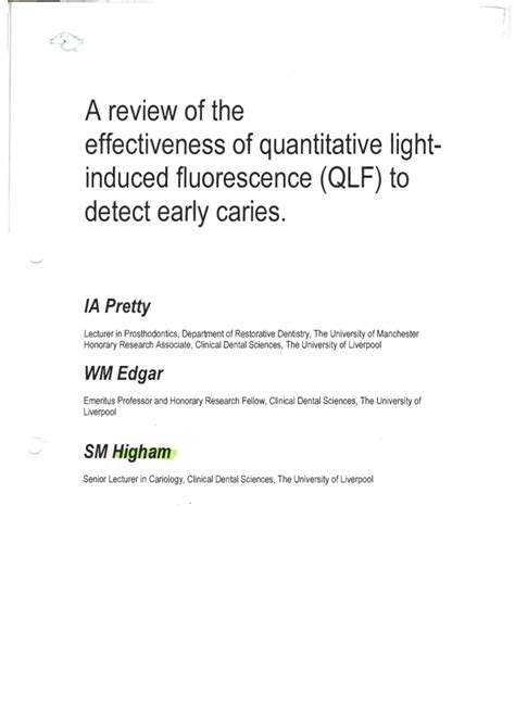 Pdf A Review Of The Effectiveness Of Quantitative Light Induced Fluorescence Qlf To Detect
