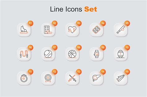 세트 라인 피트니스 스니커즈 신발 휘파람 펜싱 별이 달린 메달 스톱워치 미식 축구 공 스마트 하트 및 농구 아이콘 벡터 Championship에 대한 스톡 벡터 아트 및