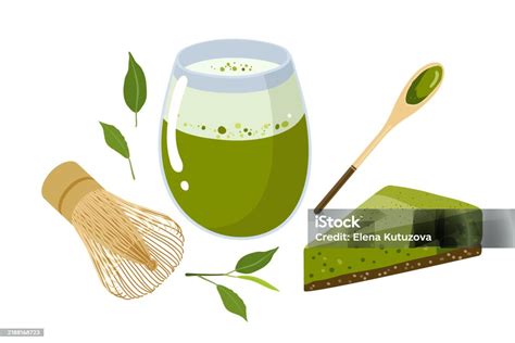 말차 녹차 잔과 녹색 치즈 케이크 숟가락 요리용 브러시 비건 달고나 말차 라떼 녹색 휘핑 음료가 담긴 유리 가루 차 성냥과 우유와 함께 마신다 흰색에 고립된 평면 벡터 0