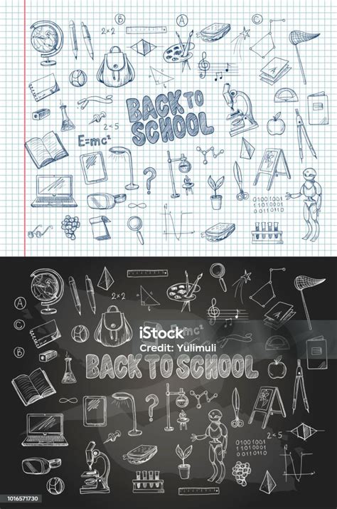 학 용품 가방 책 노트북 글로브 등 보드에는 노트북에 그려진된 펜 돌리고 등의 큰 집합입니다 벡터 과학에 대한 스톡 벡터 아트 및 기타 이미지 Istock