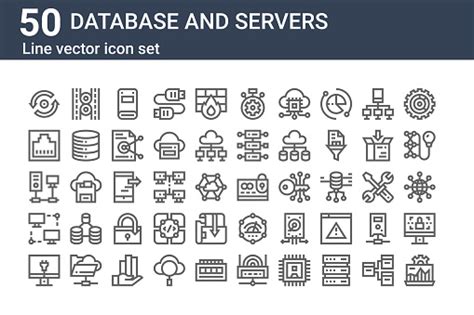 50개의 데이터베이스 및 서버 아이콘 으로 구성된 다 시스템 동기화 Lan 서버 이더넷 데이터 처리 데이터와 같은 씬 라인 아이콘의 윤곽선 0명에 대한 스톡 벡터 아트 및
