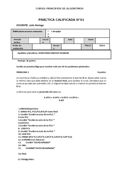 Practica Principios DE Algoritmos CURSO PRINCIPIOS DE ALGORITMOS PRÁCTICA CALIFICADA