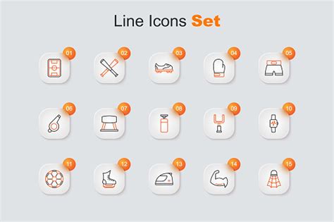 배드민턴 셔틀콕 보디 빌더가 근육을 보여주고 레이싱 헬멧 스케이트 축구 축구 공 심장이 달린 스마트 시계 미국 골 포스트 및 샌드백 아이콘을 설정합니다 벡터 건강한 생활