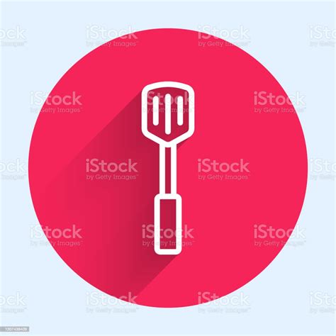 긴 그림자로 격리 된 화이트 라인 바베큐 주걱 아이콘 부엌 주걱 아이콘 바베큐 주걱 기호 바베큐 및 그릴 도구 빨간색 원