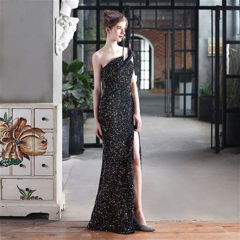 Black Long Sequin One Shoulder Split Front Evening Dresses Vampal Dresses