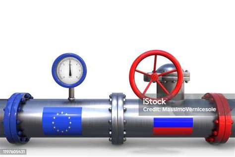 3d 그림 빨간색 밸브와 흰색 배경에 파란색 압력 게이지와 유럽 연합 과 러시아의 국기와 강철 가스 파이프 유럽으로가는 파이프 라인 러시아미국 정치 및 무역 전쟁 가솔린에