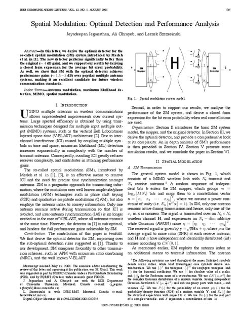 Spatial Modulation Optimal Detection And Performance Analysis Pdf