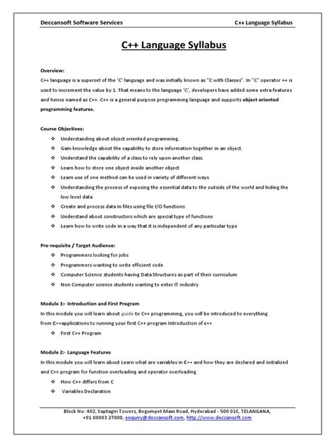 C Language Syllabus Deccansoft Software Services Pdf C Class Computer Programming