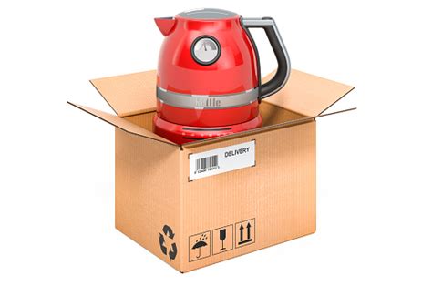 골판지 상자 내부의 전기 주전자 배달 개념 흰색 배경에서 격리된 3d 렌더링 상자에 대한 스톡 사진 및 기타 이미지 상자 주전자 컷아웃 Istock