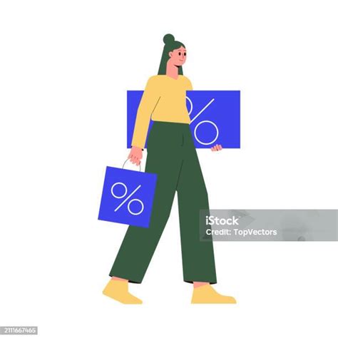 판매 와 여자 캐릭터 나르는 파란 가방 쇼핑 와 만들기 구입 벡터 일러스트 블랙프라이데이에 대한 스톡 벡터 아트 및 기타 이미지