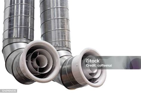 백색 배경에 고립 된 에어컨 또는 공기 환기 시스템을위한 현대 미래형 대형 트윈 에어 파이프 또는 공기 덕트 강철에 대한 스톡 사진 및 기타 이미지 Istock