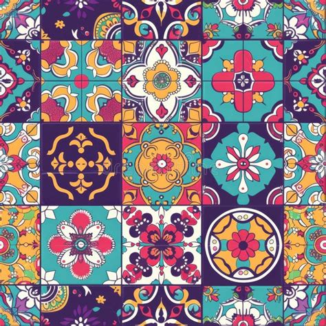 Vibrant Mosaic Of Traditional Tile Patterns And Floral Motifs Stock