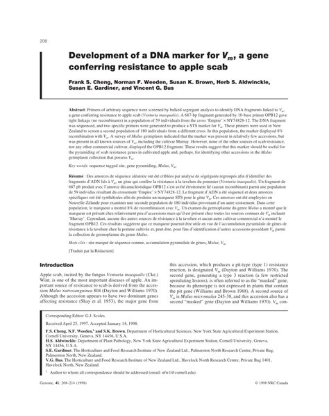 Pdf Development Of A Dna Marker For Vm A Gene Conferring Resistance To Apple Scab