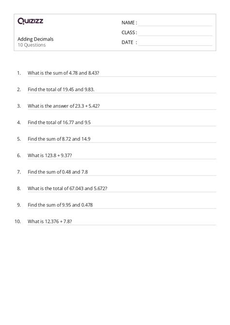 Adding Decimals Worksheets For Th Class On Quizizz Free Printable