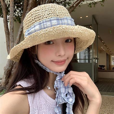 Sikafu Japanese Style Fresh Blue Plaid Woven Ribbon Straw Hat For Women