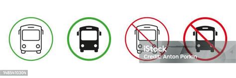 버스 정류장 빨간색과 녹색 도로 경고 표지판 학교 셔틀 픽토그램 도시 대중 교통 허가 및 교통 표지판 금지 여행 버스 노선 및 실루엣 아이콘 설정 격리된 벡터 그림 표지판에