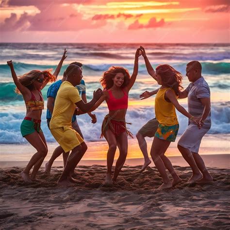 Amigos Bailando En La Playa Al Atardecer Foto Premium