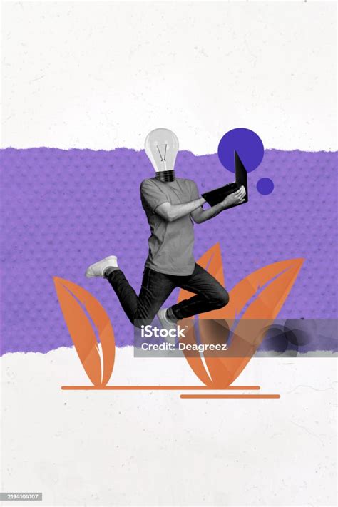 복합 트렌드 아트 워크 스케치 이미지 사진 콜라주 젊은 남자 머리가없는 작업 노트북 크리 에이 티브 아이디어 램프 대신 야외에서 브레인 스토밍 결정에 대한 스톡 사진 및