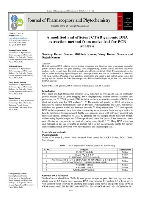 Pdf A Modified And Efficient Ctab Genomic Dna Extraction Method From Maize Leaf For Pcr Analysis
