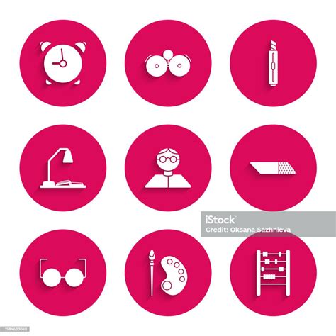 학생 팔레트가 있는 페인트 브러시 주판 지우개 또는 고무 안경 직장 테이블 램프 및 열린 책 편지지 칼 및 알람 시계 아이콘을 설정합니다 벡터 계산기에 대한 스톡 벡터 아트