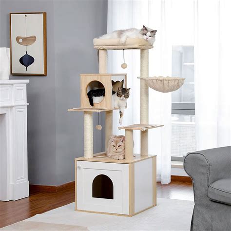 Contemporary Wood Cat Tree With Litter Box Cabinet