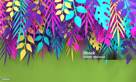 열대 종이 손바닥 몬스터 잎 프레임 여름 열대 잎입니다 종이 접기 이국적인 하와이 정글 여름 배경입니다 종이 컷 스타일입니다 3d 렌더링 0명에 대한 스톡 사진 및 기타