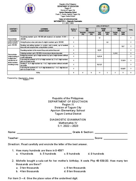 Math 4 Tos Exam Pdf Multiplication Mathematics