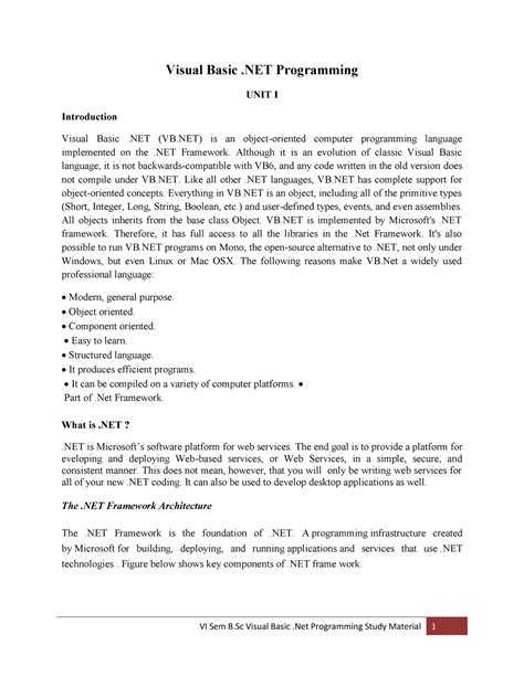 Vbnet Unit I Nhiutrdfgxb Visual Basic Net Programming Unit I