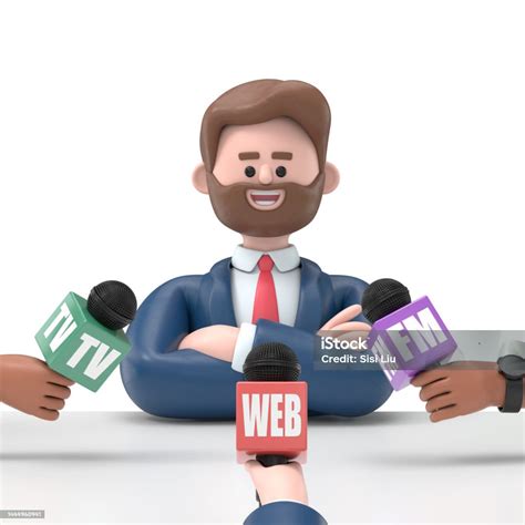 웃고 있는 수염을 기른 미국 사업가 밥이 미디어를 인터뷰하는 3d 그림3d 흰색 배경에 렌더링 Launch Party에 대한 스톡 사진 및 기타 이미지 Istock