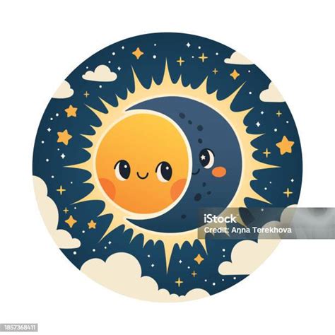 Solar Eclipse 학교 스티커 스크랩북 보육실에서 어린이 교육을위한 평면 만화 스타일의 귀여운 그림 흰색 배경에 벡터 일러스트 레이 션 0명에 대한 스톡 벡터 아트