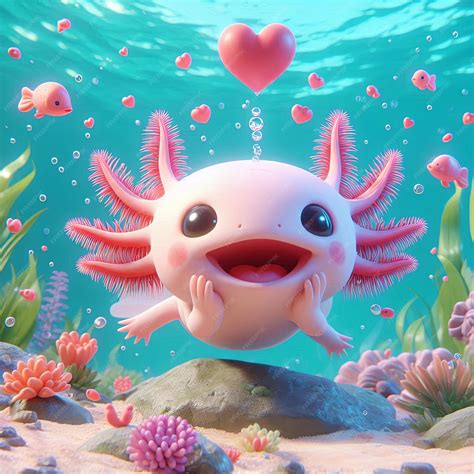 Cute Axolotl Falling In Love Cartoon 3d Premium Ai Generated Image